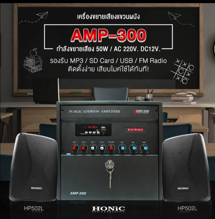เครื่องเสียงติดห้องเรียน แอมป์ติดผนัง HONIC AMP-300 พร้อมตู้ HP 502L 1 คู่ ขยายห้องเรียน แอมป์ ...