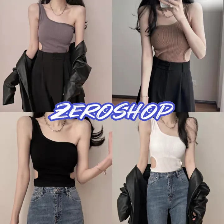 Zero SHOP🐰พร้อมส่ง🐰 (Zero-FY1823) เสื้อกล้ามไหมพรม มีฟองน้ำ ดีเทลสายข้างเดียว เว้าเอวเซ็กซี่ ...