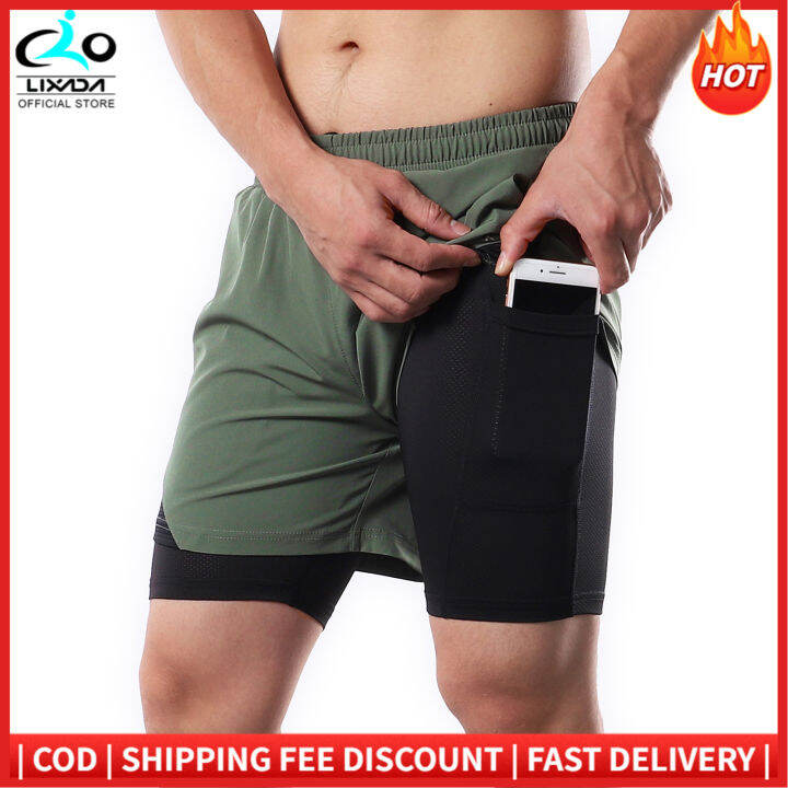 2-In-1 Men Running Shorts With Towel Loop Pockets Quick Dry Exercise ...