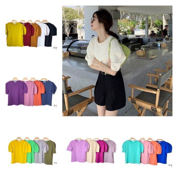 CHOM เสื้อยืด แขนยก น่ารักคะ แพทเทิร์นเกาหลีเลยคะ เนื้อผ้าเกร็ดปลา T ...