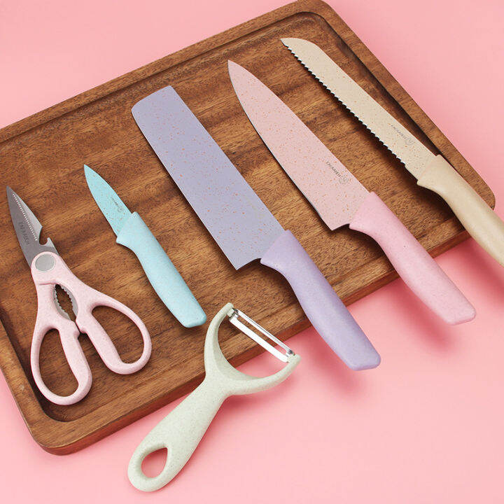 Knife Set 6 PCS Pastel Colors Stainless Steel Chef Knife Bread Knife ...