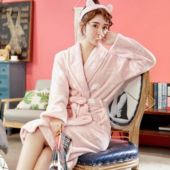 #Cand Korean Printed Coral Bath Robes Thick Bathrobe Sleepwear Homewear ...