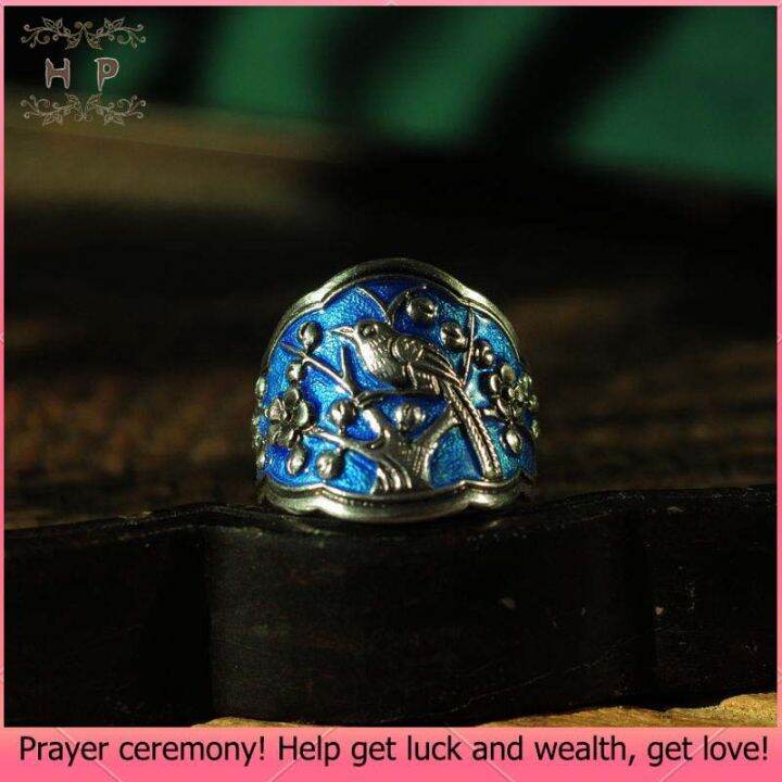 HP-S925เงินทำมือเผาแหวนสีฟ้าเงินไทยเปิดแหวนปรับเคลือบย้อนยุคสไตล์จีนแหวนมงคล | Lazada.co.th