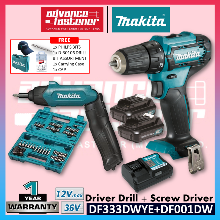 MAKITA DF333DWYE 12Vmax Cordless Driver Drill + DF001DW 3.6V In-Line ...