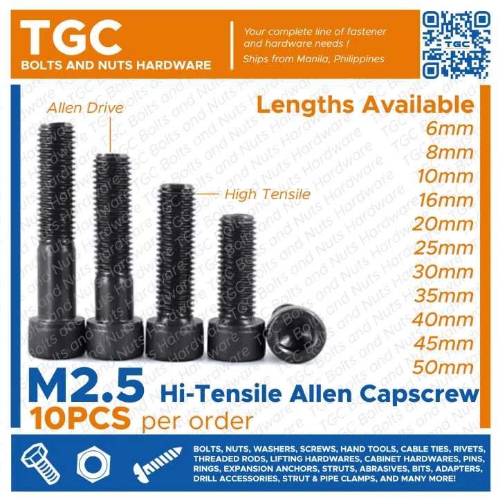 TGC 10PCS HT Allen Cap M2.5 x 2~20mm NC High Tensile Allen Capscrew ...