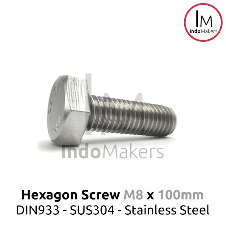 DIN933 Hexagon Screw / Baut Hexa Stainless Steel M8 x 100mm | Lazada Indonesia