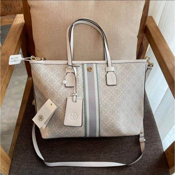 T.O.R.Y B.U.R.C.H 81963 T Monogram Small Zip Tote Bag in New Ivory ...