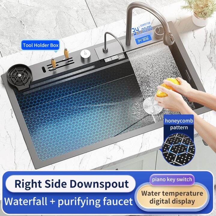 Stainless Steel Kitchen Sink Waterfall Digital Display Embossed Large ...