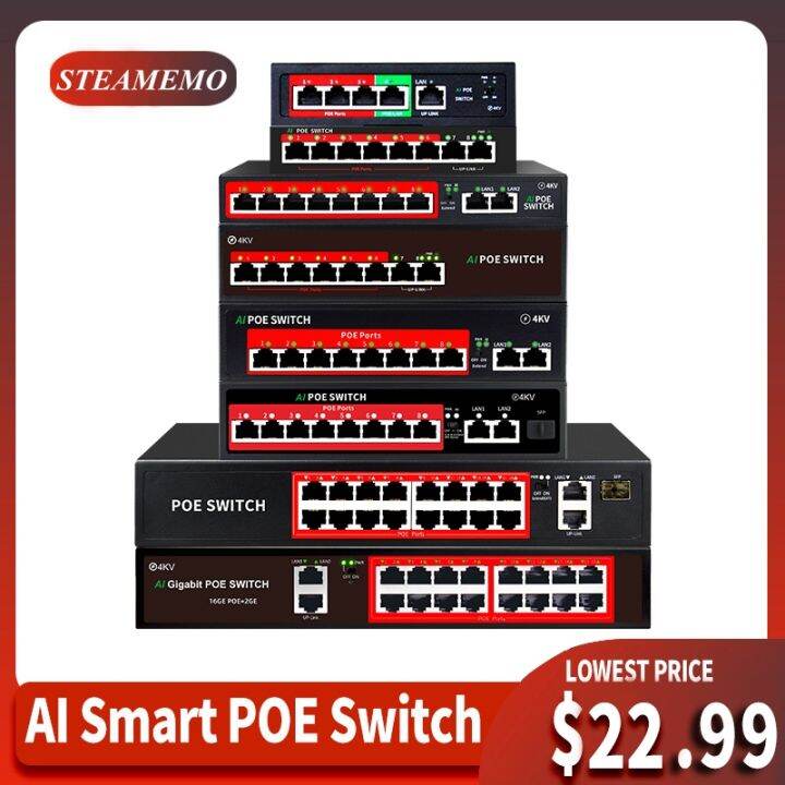 STEAMEMO AI POE Switch 4/8/16 Ports Gigabit Network Ethernet 10/100Mbps ...