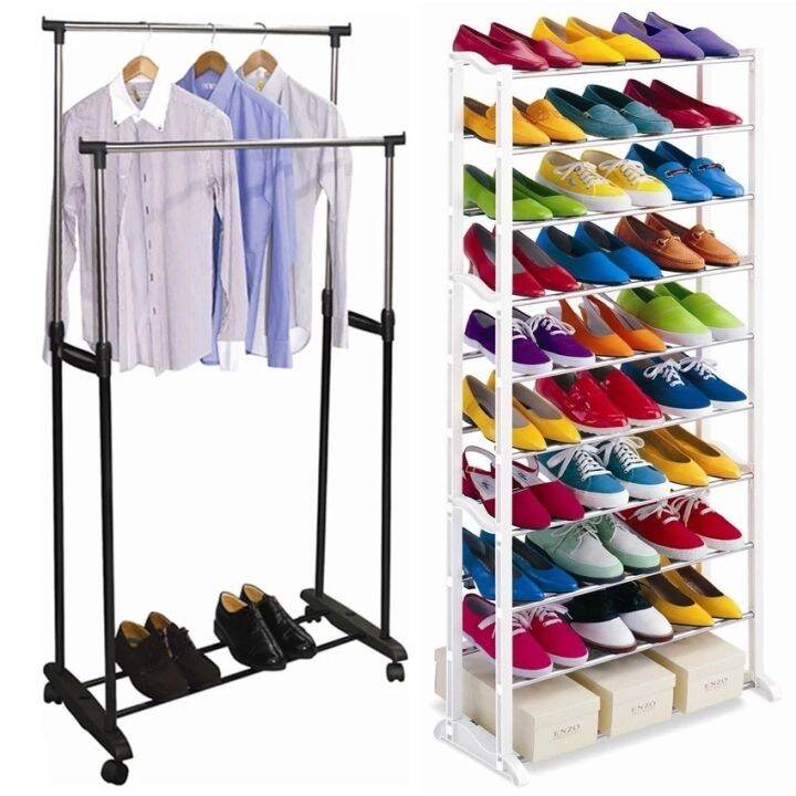 Adjustable Double Rail Garment Rack with Shoes Shelf on Wheels With ...
