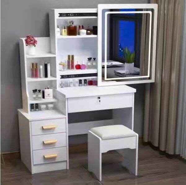 HMY Wooden Dressing Table with Mirror and Makeup Stool Set Vanity Table ...