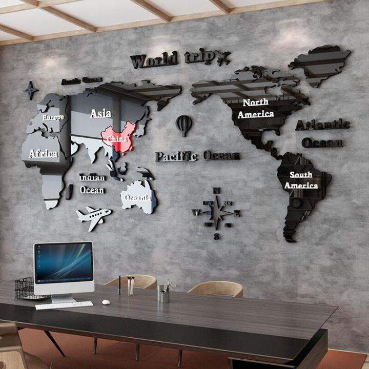 World map wall stickers 3d acrylic creative office wall decoration ...