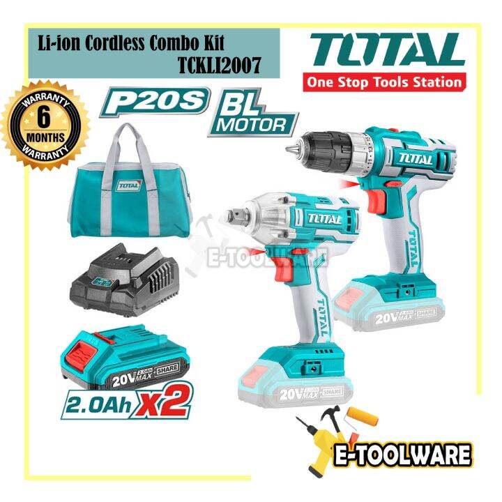 Total TCKLI2007 Li-ion Cordless Impact Wrench & Drill Combo Kit 20V ...
