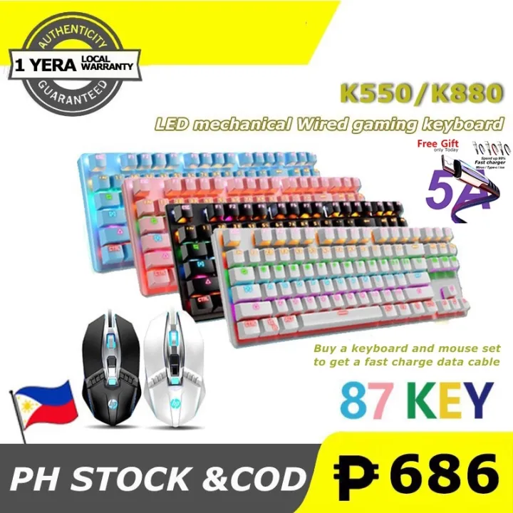 【PH STOCK】K550/K880 87Key/104 Key Mechanical Keyboard wired RGB Gaming Office PC computer ...