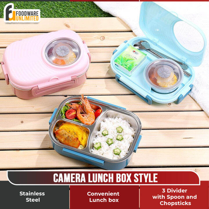 Lunch Box Camera Style 3 Divider Stainless Steel with Spoon and Fork ...