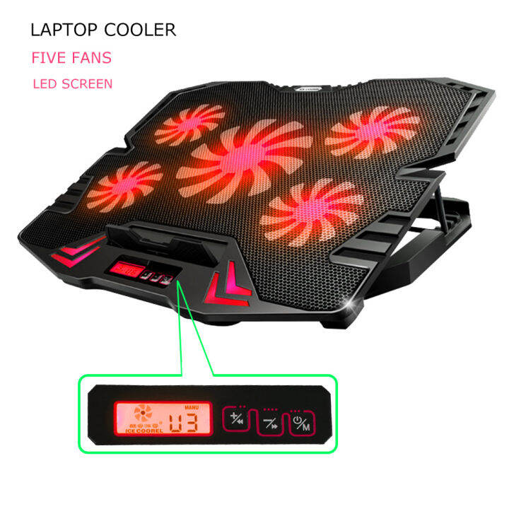 Gaming Laptop Cooler Notebook Cooling Pad 5 Silent LED Display Fans ...