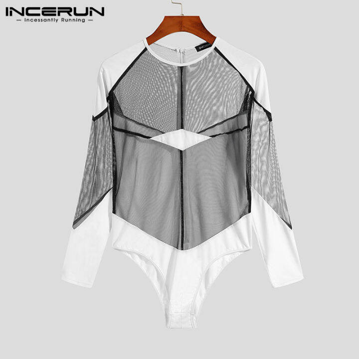 [Perfectly] INCERUN Mens Long Sleeve Leotard See Through Mesh Bodysuit ...
