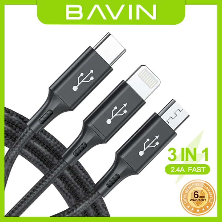 BAVIN CB076 3 in 1 Fast Charging Cable 1.25 Meter Nylon Braided for ...