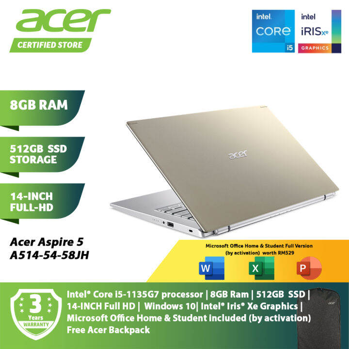 Acer Aspire 5 A514-54-58JH Laptop NX.A2ASM.007 Safari Gold 14IN IPS Intel i5-1135G7 8GB Ram ...