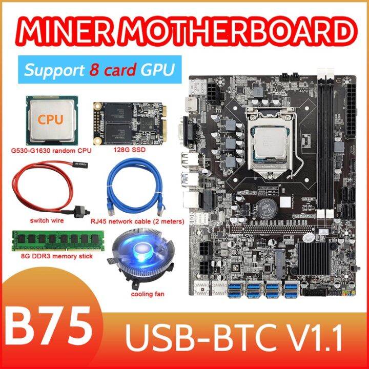 B75 8 Card BTC Mining Motherboard+CPU+Fan+8G DDR3 RAM+128G SSD+Switch Cable+Network Cable 8USB3 ...