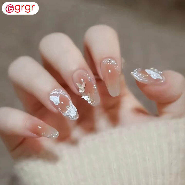 Fgrgr 24Pcs Glossy 3D False Nail Glitter Pearl Fake Nail for Women ...