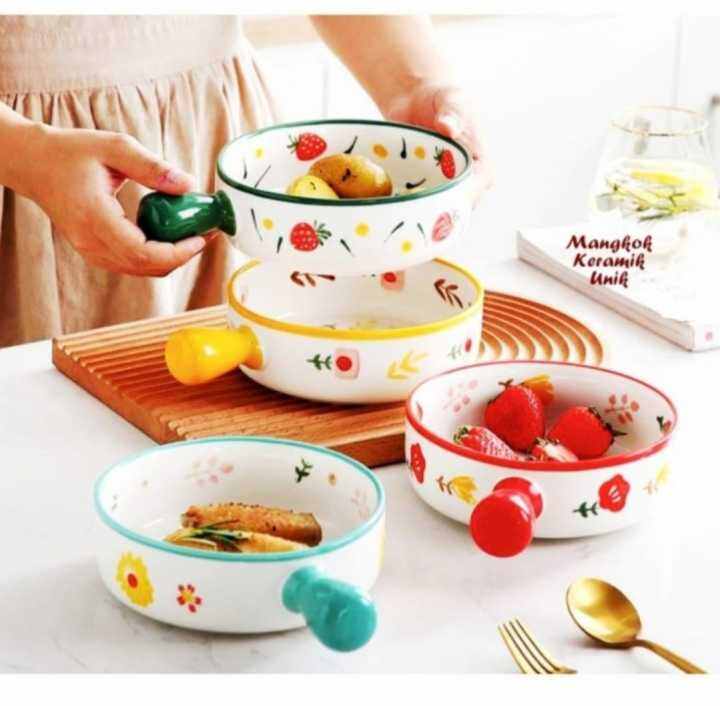 Mangkok mangkuk keramik bunga unik ada pegangan gagang | Lazada Indonesia