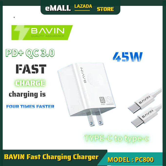 BAVIN PC800 Intelligent 45W PD QC3.0 Fast Charging Charger Type-C Port w/ Type-C to Type-C Cable ...