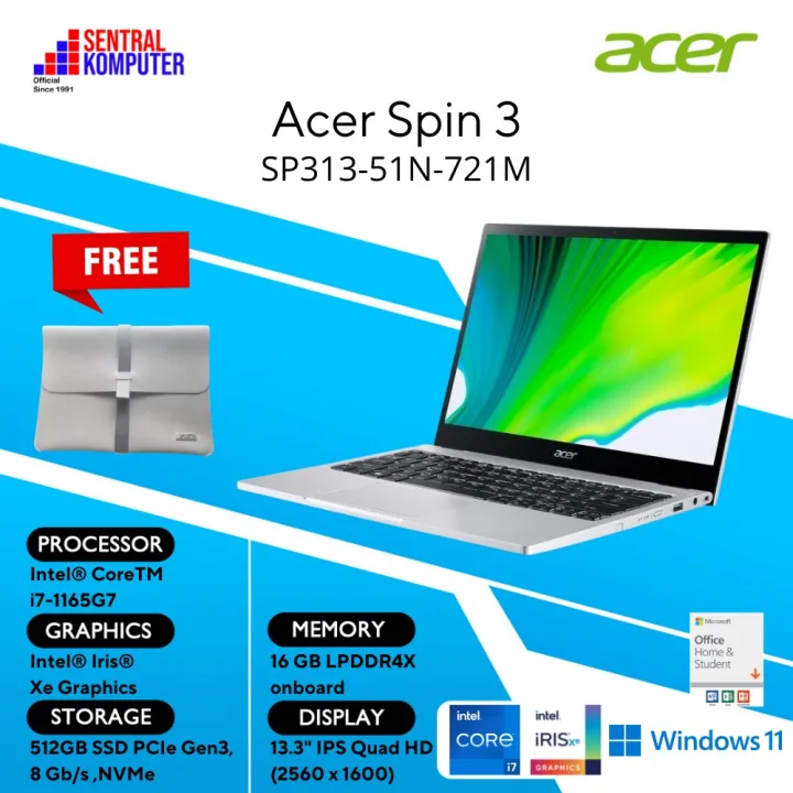 Acer Spin 3 SP313-51N-721M i7-1165G7-IrisXE-16GB-512GB-Win11-OHS | Lazada Indonesia