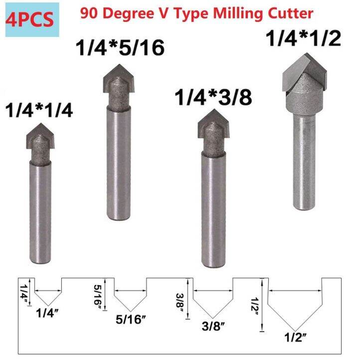 4PCS 1/4 Inch Shank 90 Degree V Groove Router Bit Set Double-edged Cutting Drill Bits | Lazada PH