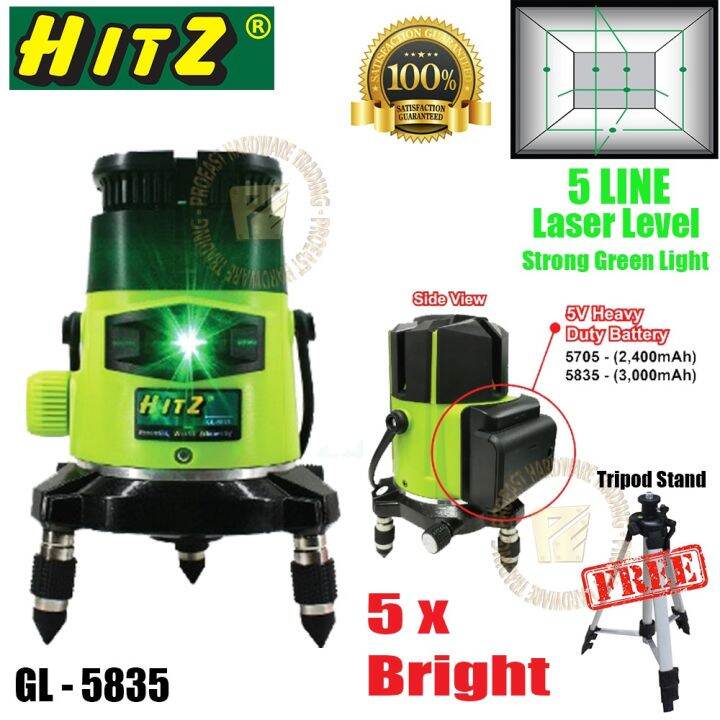 HITZ Professional Automatic 5 x Bright 5 Line Green Laser Level ( GL ...