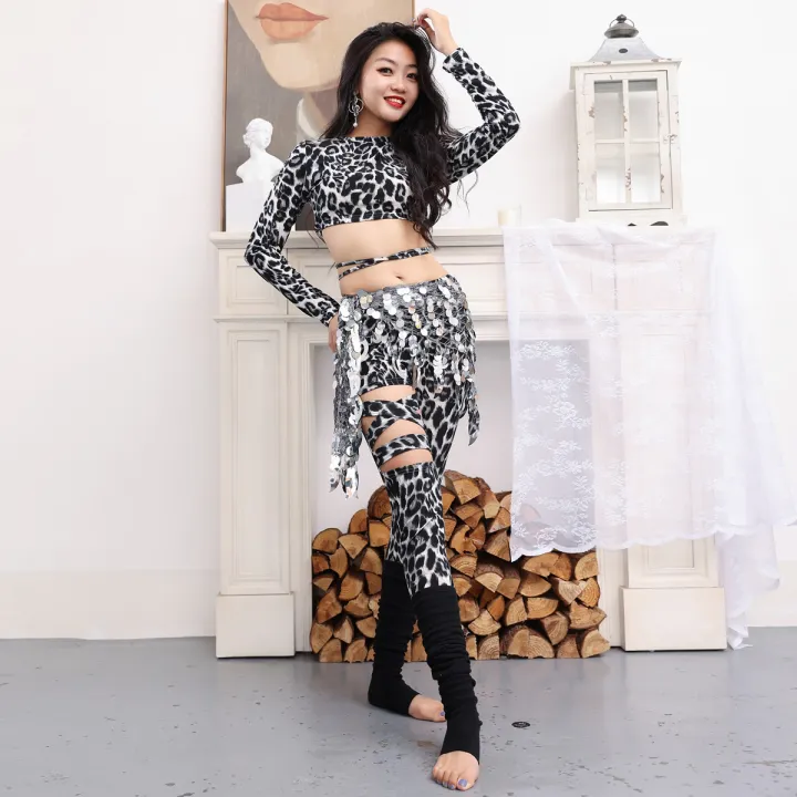 Belly Dance Costume Set Leopard Print Top Pants Hip Scarf Performance ...