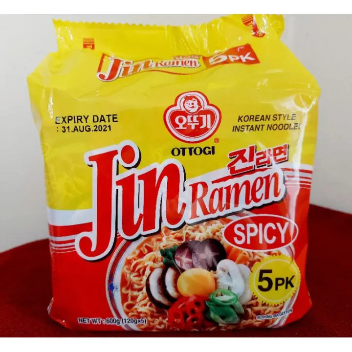 Ottogi Jin Ramen Spicy- 5 Packs Korean Food Noodles soup with rich beef ...