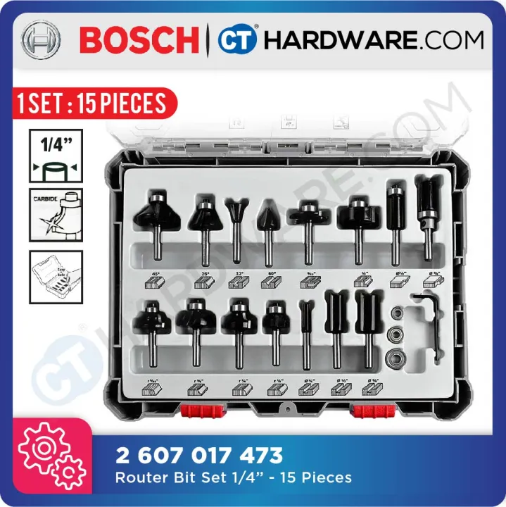 BOSCH 2607017473 [ 15 PIECES ] 1/4" SHANK STRAIGHT ROUTER BIT SET FOR ...