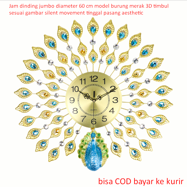 Jam dinding jumbo diameter 60 cm model burung merak 3D timbul sesuai ...