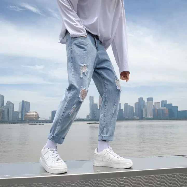 ฉีกกางเกงยีนส์ผู้ชายฤดูร้อนกางเกงขายาวบางชายฤดูร้อนหลวมอินเทรนด์ตรงเก้า ...