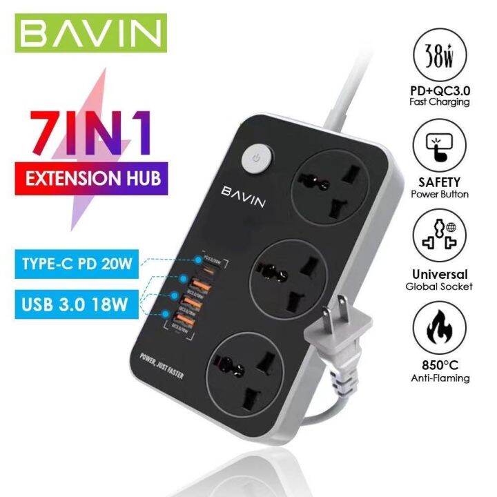 BAVIN PC262 7 in 1 USB Charger HUB Extension w/ PD 20W Type-C Plus USB ...
