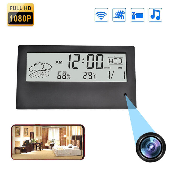 1080P WIFI Hidden Mini Camera Clock Indoor Temperature Display Wireless ...