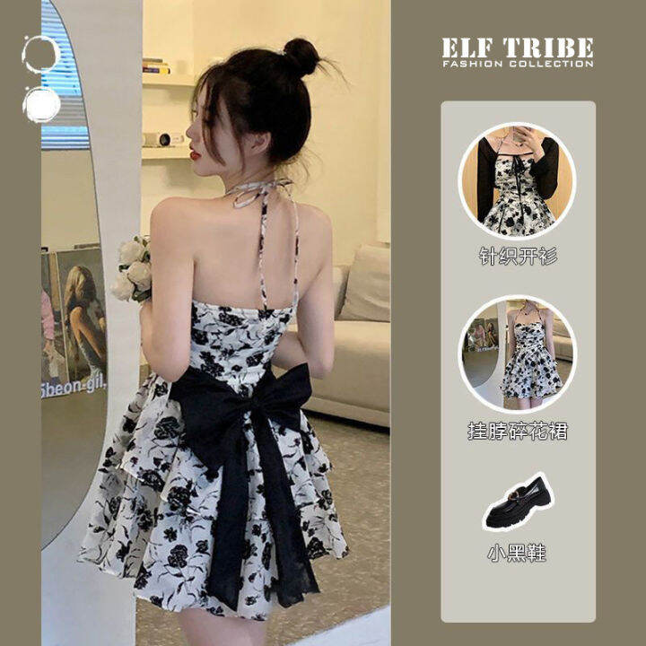 ELF TRIBE ชุดชุดเดรสลายดอกไม้คล้องคอสำหรับผู้หญิง2ชุดคาร์ดิแกนเปิดหลัง ...