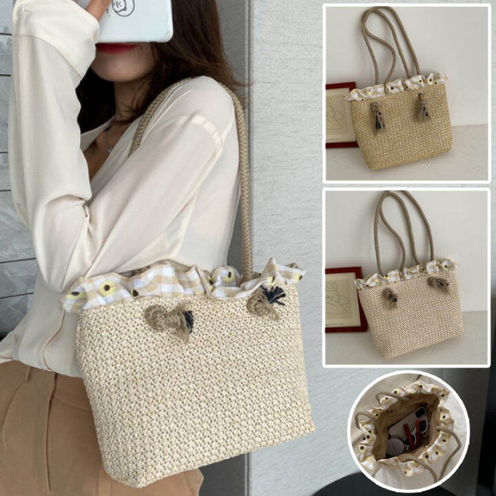 【Junjun】กระเป๋าถือ กระเป๋าสะพายฟาง ความจุสูง สานกระเป๋าชายหาด กระเป๋า | Lazada.co.th