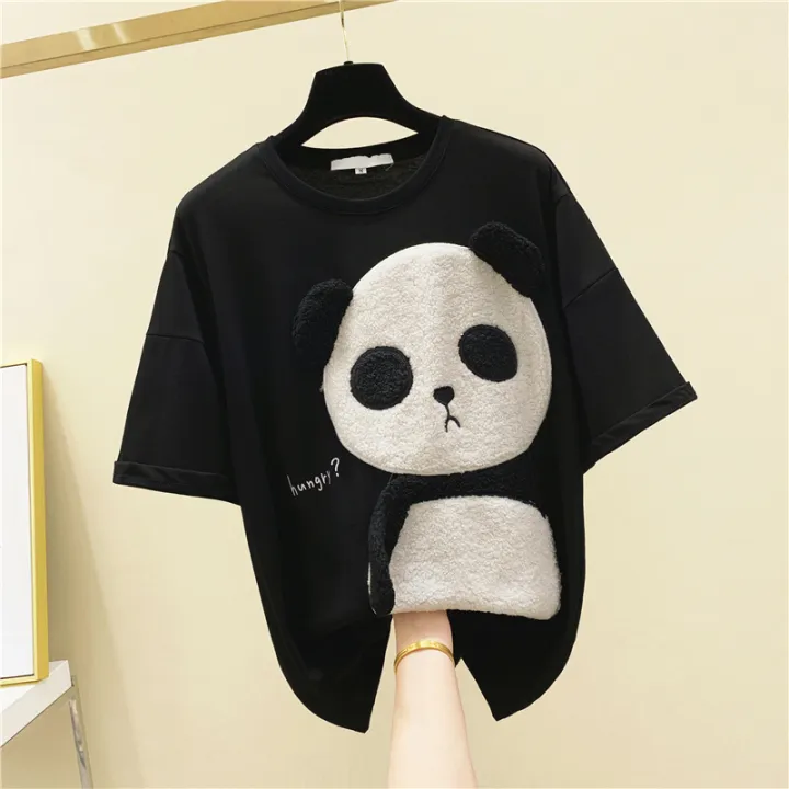 Panda Tops ปักแขนสั้นผ้าฝ้ายเสื้อยืดผู้หญิง2022ฤดูร้อนหลวมสไตล์ฮ่องกง ...
