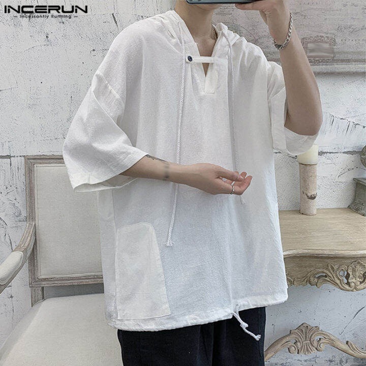 เสื้อยืดผู้ชายผ้าลินินผ้าฝ้ายธรรมดาชุดลำลองแบบครึ่งแขน INCERUN ทรงหลวม ...
