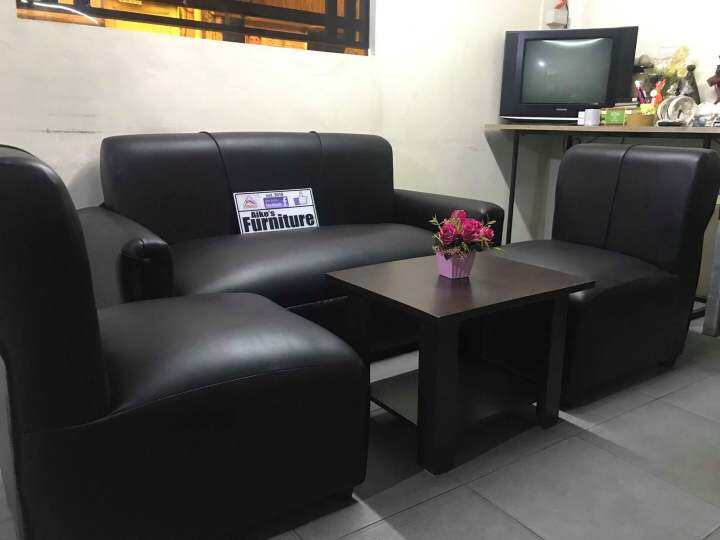 SALA SET SOFA SET BLACK LEATHER WITH WOOD TABLE | Lazada PH