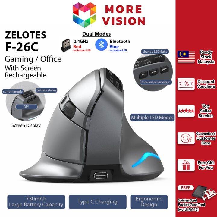 ZELOTES F-26C Gaming Ergonomic Mouse Wireless Vertical Mice Bluetooth 2 ...