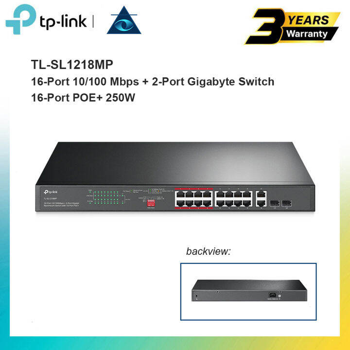 TP-Link TL-SL1218MP 16 Port 10/100 Mbps 2 Port Gigabit Rackmount Switch with 16 Port PoE+ PoE ...
