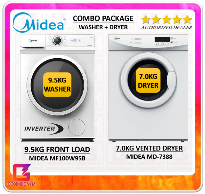 【COMBO PACKAGE】MIDEA 9.5kg Front Load Washer Inverter MF100W95B + Midea Vented Dryer (7 kg) MD ...