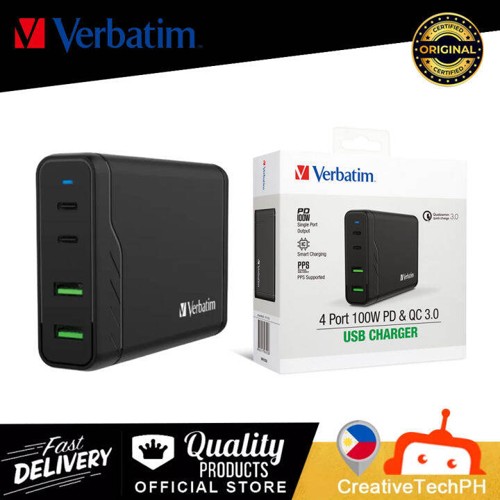 Verbatim 100W PD Charging (2 USB-A + 2 PD Type C)-Can Charge Laptop ...