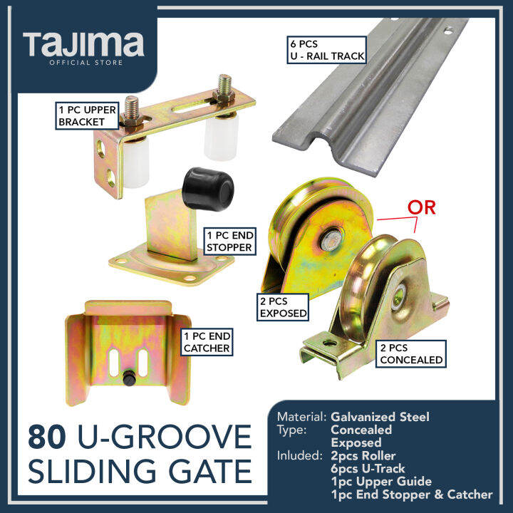 Sliding Gate U-Groove Hardware Set (Rollers, Tracks, Stopper, Catcher ...