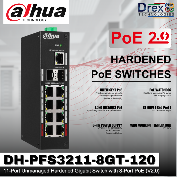 DAHUA POE SWITCH DH-PFS3211-8GT-120 11-Port Unmanaged Hardened Gigabit Switch with 8-port PoE ...