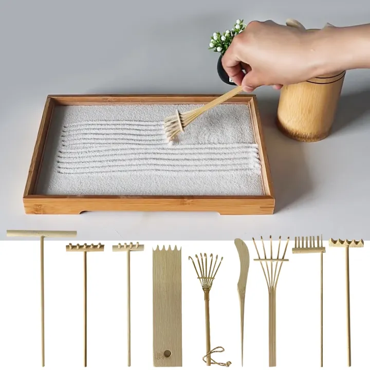 9Pcs Meditation Sandbox Play Zen Garden Rake Table Decor Ornament Mini ...