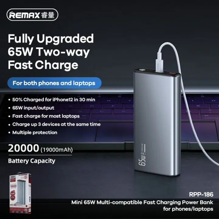 power bank REMAX พาวเวอร์แบงค์ 65W ชาร์จเร็ว 18W+QC 22.5W input output แบตเตอรี่สำรอง PowerBank ...